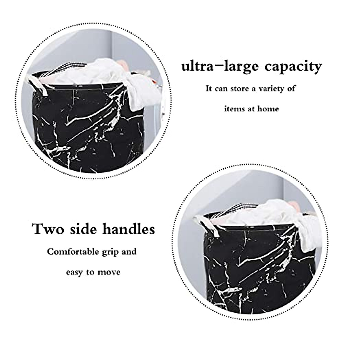 Laundry Baskets Collapsible Laundry Hamper Dirty Clothes Storage Bag Pattern Printed Waterproof Freestanding Large Capacity Organizer Bin with Handle (black marble)
