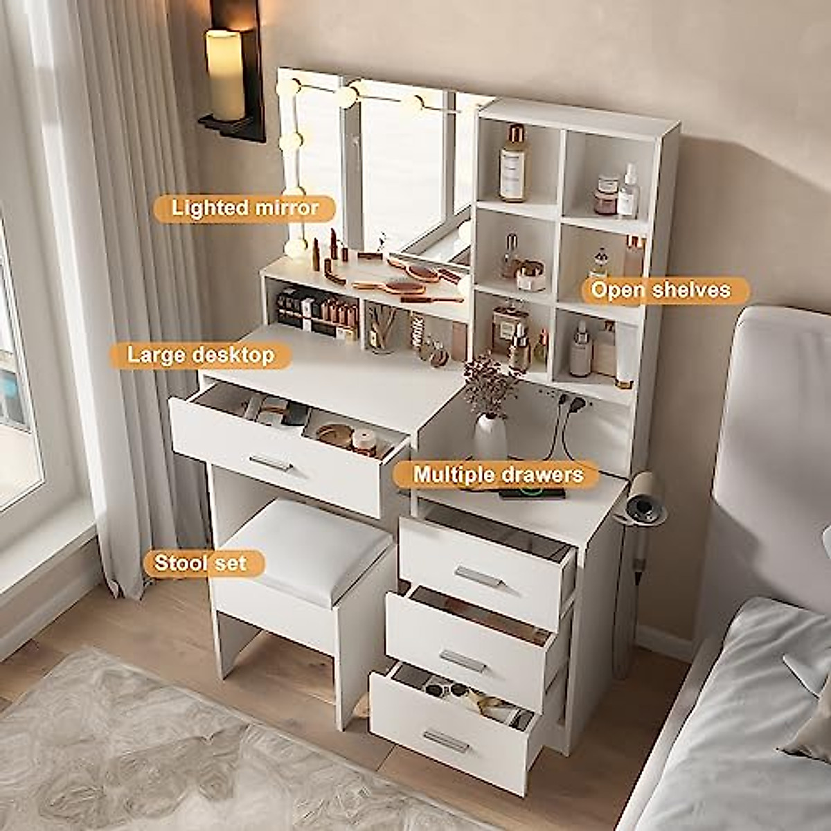 Vabches White Vanity Desk with Mirror and Lights, Makeup Vanity Table with Charging Station, 3 Lighting Modes Brightness Adjustable, 4 Drawers, 8 Shelves, Vanity Set, 38.7in(L)