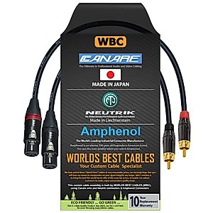 WORLDS BEST CABLES 1 Foot - RCA to XLR (Female) Cable Pair - Canare L-4E6S Star-Quad Audio Interconnect Cable & Amphenol ACPL RCA & Neutrik Female XLR Gold Plugs - CUSTOM MADE