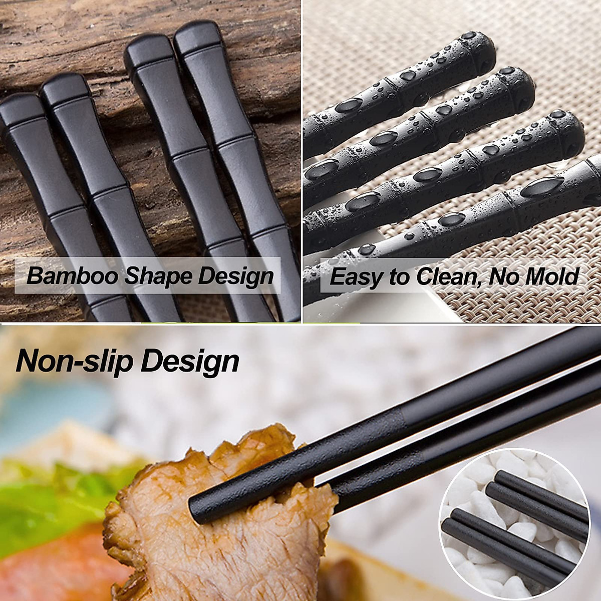 10 Pairs Fiberglass Chopsticks, Slivek Reusable Premium Japanese Chinese Korean Chopsticks Dishwasher Safe, Non-slip, Lightweight, 9.5 inches - Black