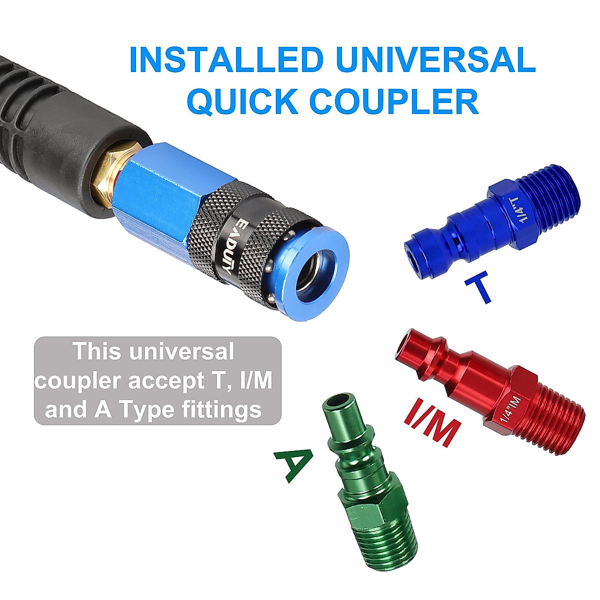 EADUTY Heavy Duty Reinforced Polyurethane Recoil Air Hose 1/4 in x 10 ft, Lightweight, Flexible Compressor Hose with Universal Quick Coupler, Plug and Bend Restrictors, Blue