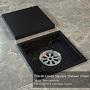 USHOWER 6 Inch Square Shower Floor Drain with Reversible 2-in-1 Tile Insert Cover,6" Matter Black Tiled Insert Drain Grate 304 Stainless Steel, Includes Flange Base & Hair Strainer