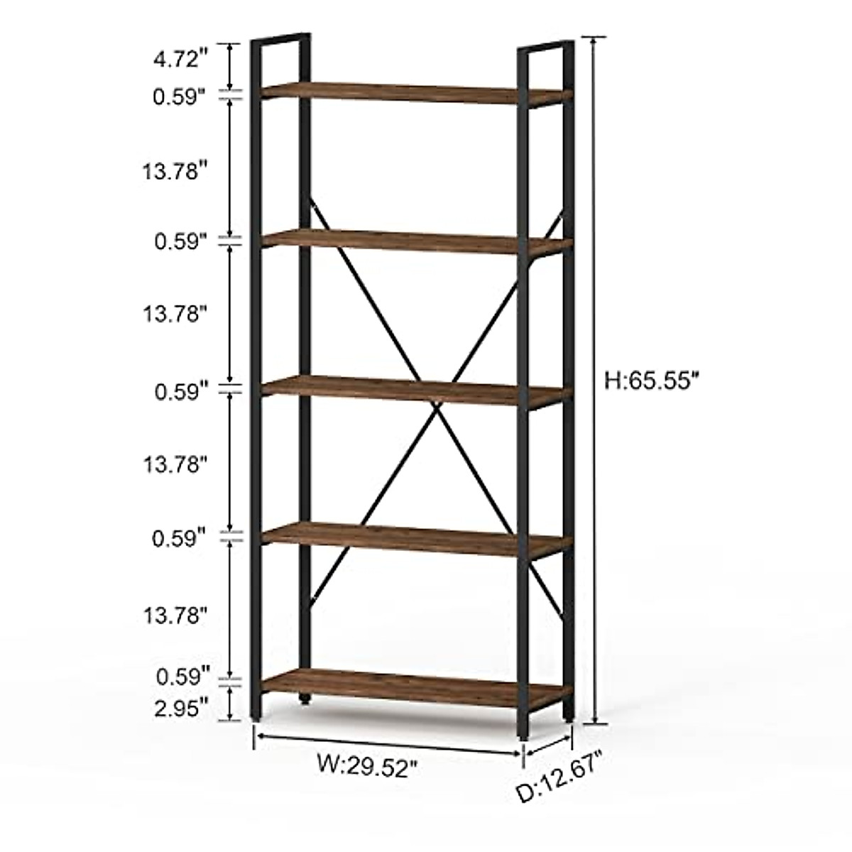 BON AUGURE Industrial Bookshelf, Etagere Bookcases and Book Shelves 5 Tier, Rustic Wood and Metal Shelving Unit (Rustic Oak)