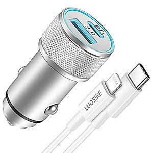 LUOSIKE 20W USB C Fast Car Charger for iPhone 14/13 /12 / Pro Max/Mini /11 /XS/XR/X /8, iPad, AirPods (Dual Port Power Delivery PD Car Adapter with MFi Certified USB C to Lightning Cable 3FT)