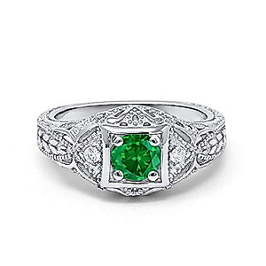 Blue Apple Co. Art Deco Antique Style Wedding Engagement Ring Simulated Emerald Round Cubic Zirconia 925 Sterling Silver, Size-8