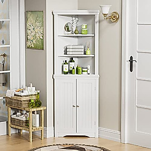 YESHOMY Corner Cabinet Shelves, Side Free Standing Storage Organizer with Large Space and Two Doors, Home Furniture for Multifunction in Living Room, Bathroom, Hallway, Kitchen, Bedroom, White