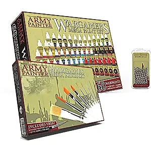 The Army Painter Mega Paint Set (60 Paints Plus 100 Rust-Proof Mixing Balls) - Mega Brush Set Bundle - Miniature Painting Kit of 60 Acrylic Paints and 10 Wargamer Miniature Paint Brushes