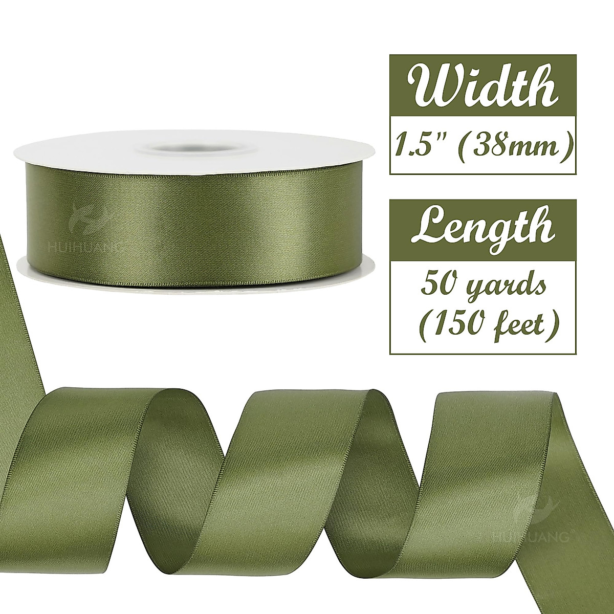 HUIHUANG 1-1/2 inch Double Face Satin Ribbon, Polyester Moss Green Ribbon 50 Yards Per Roll for Gift Wrapping Bows Making Floral Bouquet Wedding Invitations Decor Party Favor and Craft Supplies