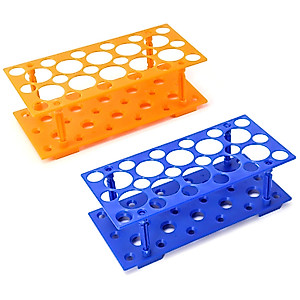 QWORK Centrifuge Tube Holder Set - Plastic Test Tube Rack (2 Pack) in Blue and Orange, Accommodates 10ml, 15ml, and 50ml Tubes, Detachable Stand