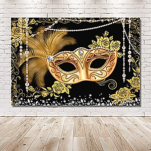 MEHOFOND Masquerade Ball Backdrop Black Gold Masquerade Party Photography Background Mardi Gras Carnival Costume Party Decorations Sweet 16 Dress-Up Banner Supplies Photo Studio Props 8x6ft