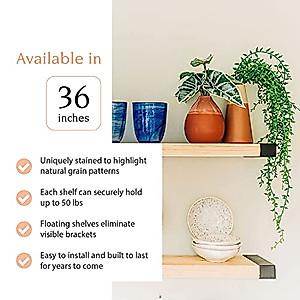 Willow & Grace Wooden Rustic Farmhouse Easily Mounted Floating Wall Shelves for Home Living Rooms and Bedrooms, Natural, 36 Inch, (Set of 2)