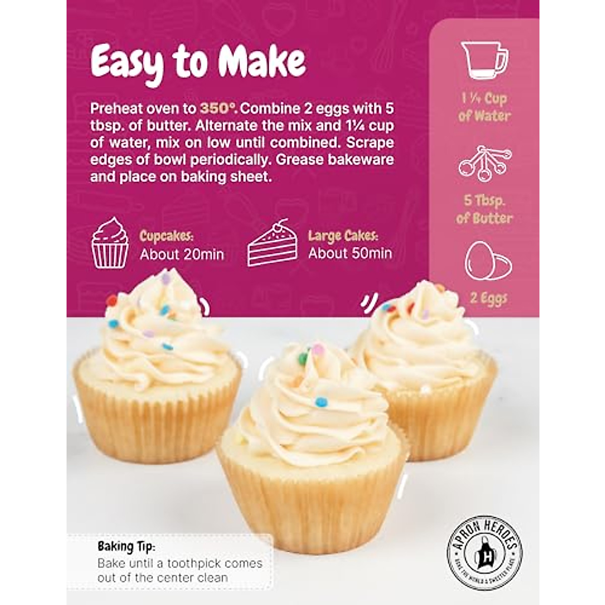 APRON HEROES - Organic Cake Mix, Vanilla, No Artificial Flavors, Homemade Taste, Delicious, Organic, & Natural Ingredients, Baking Mix, Cupcake Mix and, Cake Mix, Organic Food, ADVENTUROUS VANILLA - Pack of 1