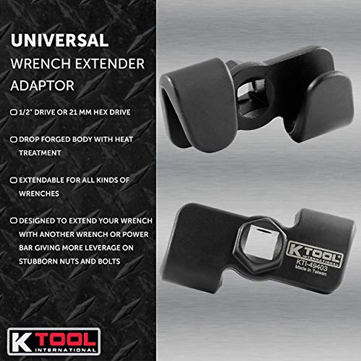 K Tool International 49403 Universal Automotive Wrench Extender Adaptor with 1/2 Inch or 21mm Hex Drive for Garages, Repair Shops, and DIY, Drop Forged Body with Heat Treatment, Extendable, Black