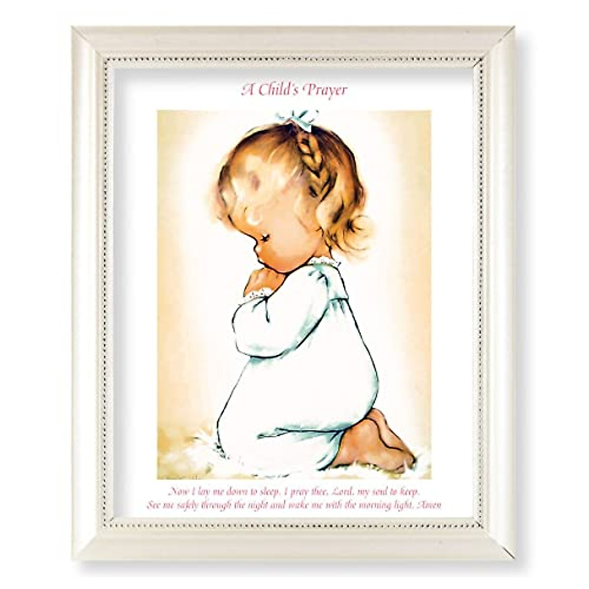 Praying Baby Girl Picture, Pearlized White 9-1/2"x11-1/2 Frame, Beaded Lip, Under Glass