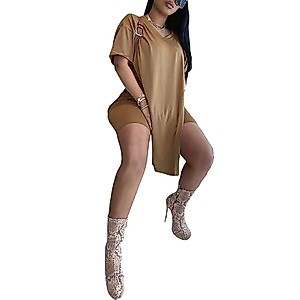 qfmqkpi Women 2 Piece Outfit Loungewear Split Baggy T-Shirt Biker Legging Shorts Set Workout Sportswear Khaki XXL