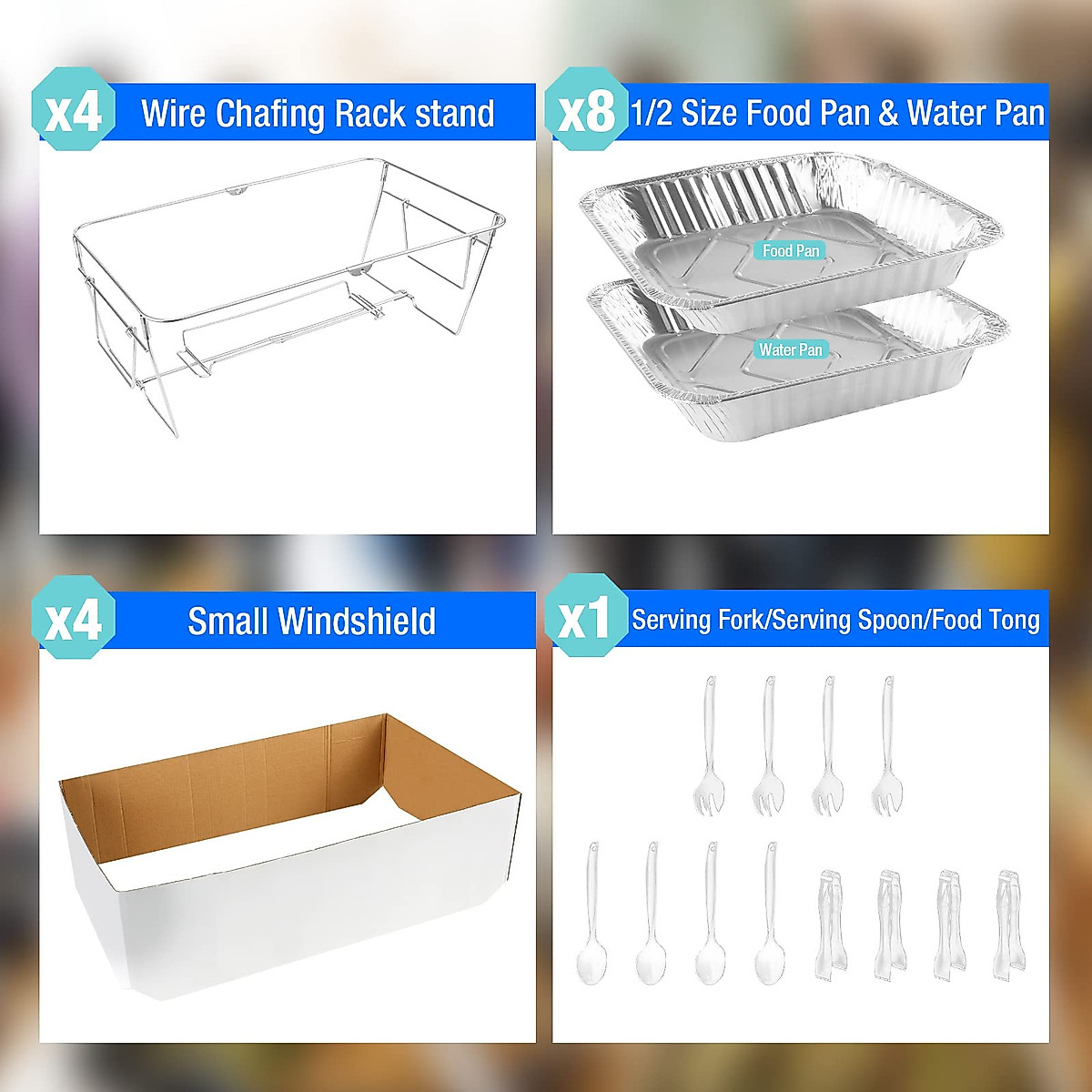 Restlrious Chafing Dish Buffet Set Disposable 4 Pack Full Size Aluminum Buffet Serving Kit, Chafer Stand Kit for Food Warmer in 36 Pieces w/Food Pan Water Pan & Utensils, for Parties Events BBQ