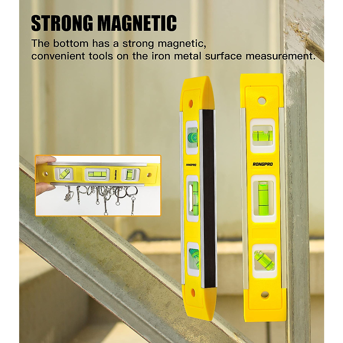 RONGPRO 9 Inch Torpedo Level, Magnetic Box Level with 45°/90°/180° Bubbles, Shock Resistant Bubble Level Tool for Measuring