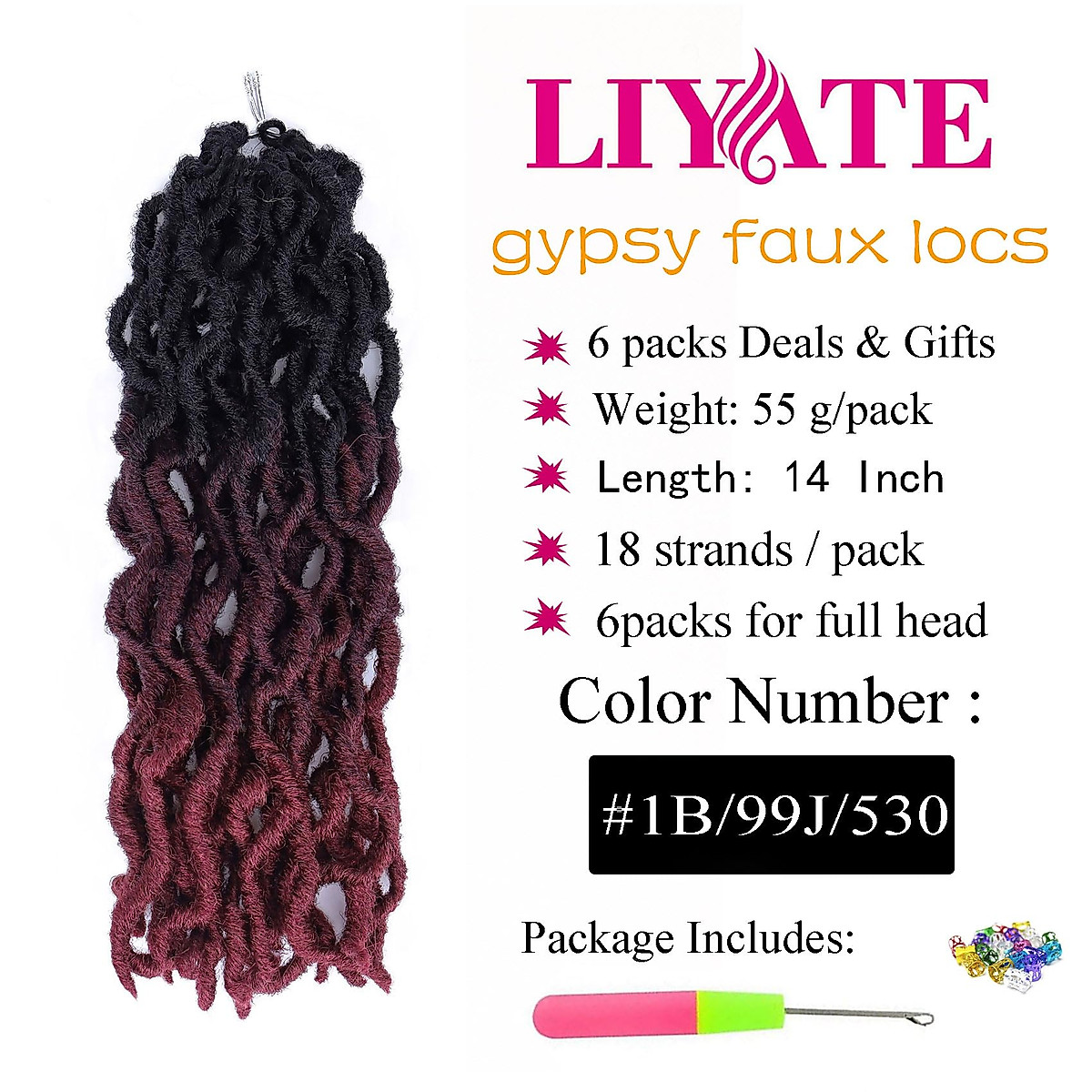 14 Inch Goddess Faux locs Crochet Hair 6 Packs/Lot Soft Gypsy Locs Wavy Crochet Braids Dreadlocks 3 Tone Curly Wavy Twist Braiding Hair Extensions African Roots Braid（#1B/99j/530)