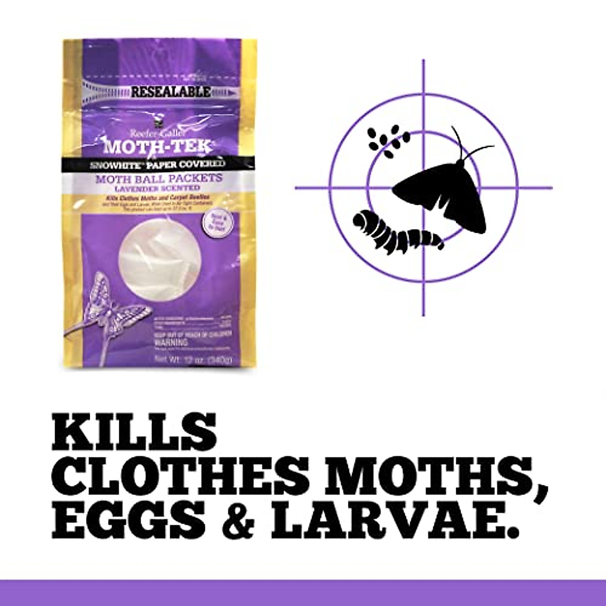 Reefer-Galler Moth-Tek Lavender-Scented Moth Ball Packets - 12 oz - Snowhite Paper Covered Moth Ball Packet for Closets, Drawers, and More
