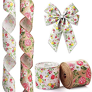 Hying 2 Rolls Spring Flower Ribbons Wired for Wreath Bows Wrapping Gifts, Floral Rose Ribbon for Gift Wrapping Birthday Party Decoration Crafts, 2.5" X 10 Yards Vintage White Flower Wired Edge Ribbon