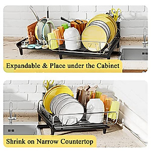 SNTD Dish Drying Rack for Kitchen Counter Sink Organization and Storage Black, Expandable Large Capacity Dish Rack Dish Drainer Utensil Sponge Holder Sink Caddy Over The Sink Pot Pan Rack Organizer