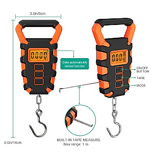 ORIA Digital Fishing Scale with Ruler, Fishing Postal Hanging Hook Scale, 110lb/50kg Waterproof Luggage Scale with Measuring Tape, Luggage Hook, Backlit LCD Display, Orange