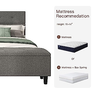 AEZOS Upholstered Queen Size Platform Bed Frame with Headboard and Storage Ottoman, Stitched Button Tufted Mattress Foundation with Wooden Slats Support, No Box Spring Needed, Light Gray