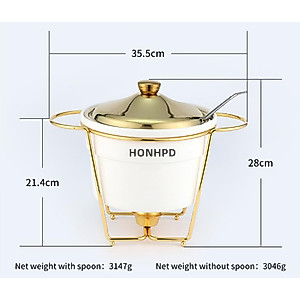 HONHPD Luxury Golden Stainless Steel Ceramics Chafing Dish with Spoon Dish Buffet Server Food Warmer Chafing (4-Quart Capacity)