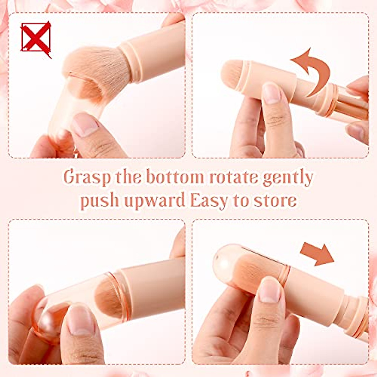 2 Sets Retractable Kabuki Makeup Brush Set 4 in 1 Powder Foundation Travel Blush Brush for Liquid Cream Cosmetics Travel(Pink, Green)