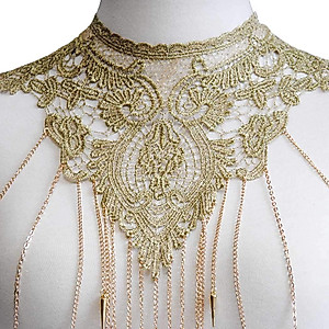 CanB Gold Body Chain Lace Harness Chest Chain Shoulder Necklace Rave Body Jewelry for Women and Girls (Style1)