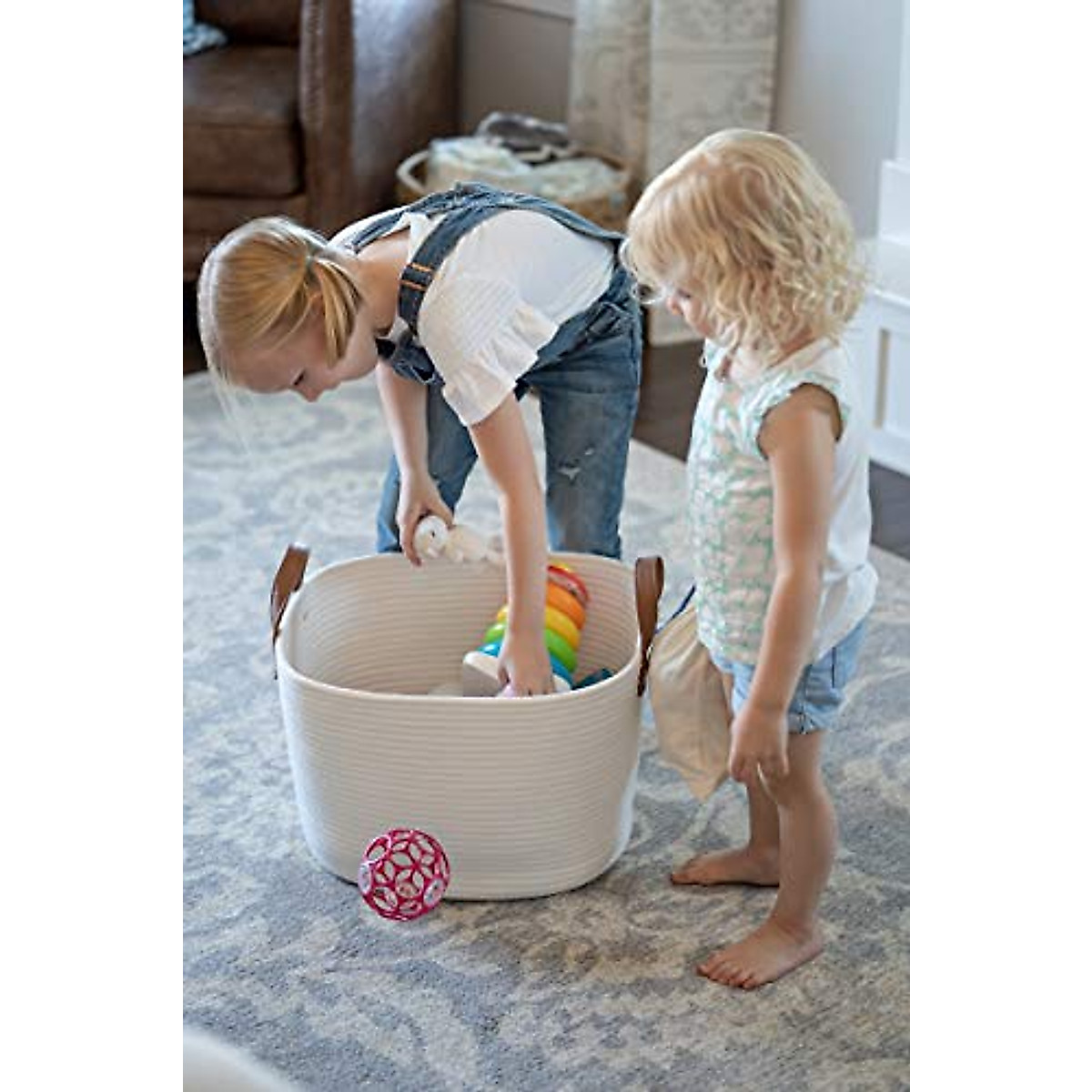 Sweetzer & Orange Large Woven Cotton Rope Storage Basket (Vegan Handles) - Blanket Storage Baskets, Laundry Basket, Toy Storage, Nursery Hamper - Decorative Off White Basket for Living Room