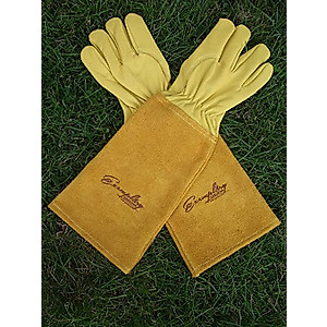 Rose Pruning Gloves for Men and Women - Thorn Proof Goatskin Leather Gardening Gloves with Gauntlet (Large, Yellow)