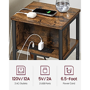 VASAGLE Side Table with Charging Station, 3-Tier End Table with USB Ports and Outlets, Nightstand for Living Room, Bedroom, 11.8 x 13.4 x 22.8 Inches, Plug-In Series, Rustic Brown and Black ULET373B01
