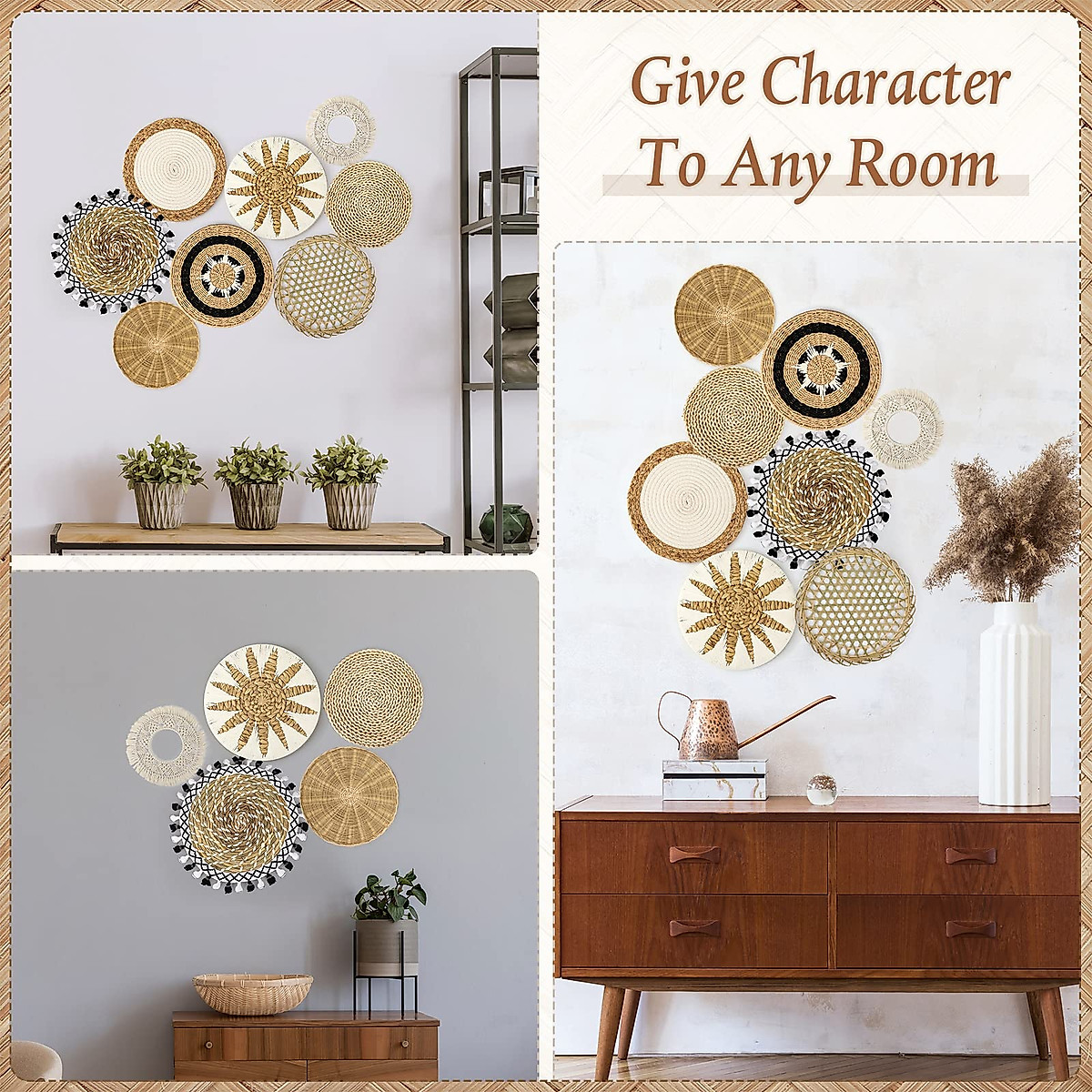 Set of 8 Wall Basket Decor Boho Wall Hanging Decor Rattan Wall Decor Flat Round Wicker Woven Macrame Tassels Tapestry Bamboo Wall Basket Serving Tray Art Handmade Set for Room Bedroom Living Room