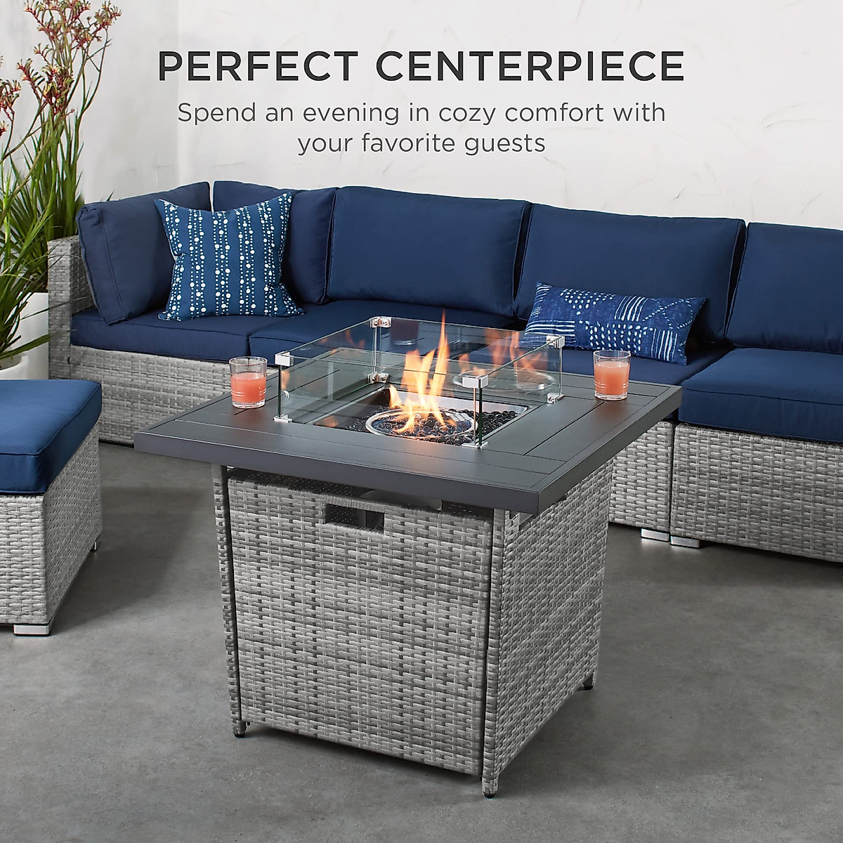 Best Choice Products 32in Fire Pit Table 50,000 BTU Outdoor Wicker Patio Propane Gas w/Glass Wind Guard, Aluminum Tabletop, Glass Rocks, Tank Storage, Lid, Cover - Ash Gray