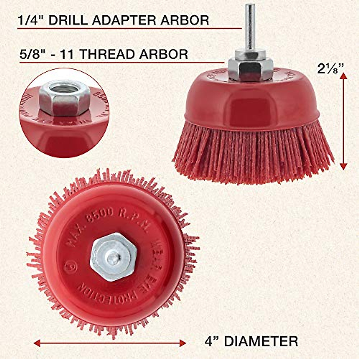 Dura-Gold 4" Abrasive Filament Nylon Bristle Cup Brush - Coarse Sanding Scuffing Brush, 5/8" 11 Thread, 1/4" Drill Arbor - Remove Rust, Corrosion, Paint - Surface Prepping for Truck Bed Liner Coatings