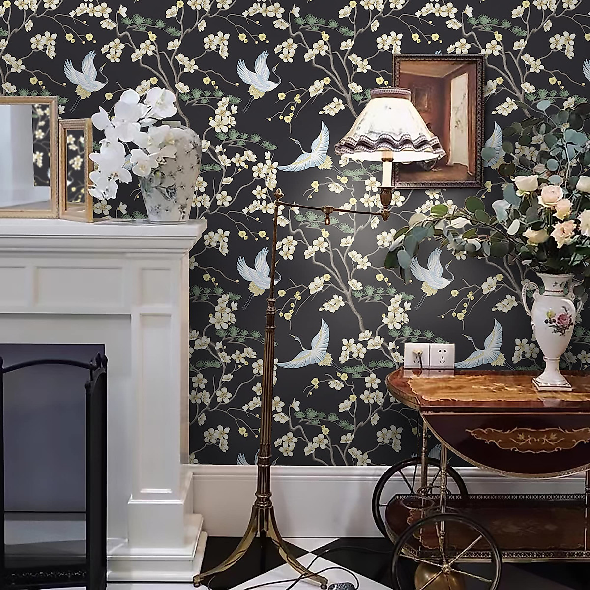 Micpolo Peel and Stick Wallpaper Black Floral Contact Paper Flowers and Birds Wall Paper Self Adhesive and Removable 16.1"x78"