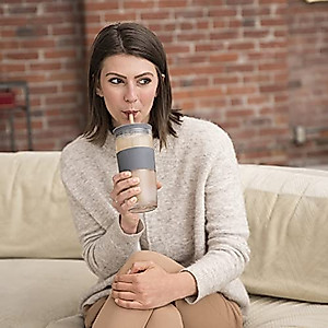 HOST Straw and Lid Plastic Double Wall Insulated Freezable Drink Chilling Tumbler with Freezing Gel Glasses for Red and White Wine, 16 oz, Grey