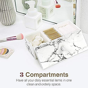 Luxspire Cotton Swab Holder with Lid, Marble Pattern Cotton Ball Holder Dispenser, Bathroom Canister Storage Jar for Cotton Pads Bud Q-tip, Vanity Cosmetics Countertop Organizer with 3 Compartments