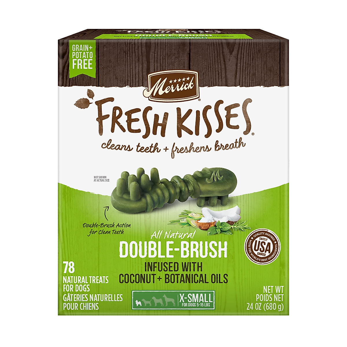 Merrick Fresh Kisses Double-Brush Dental Dog Treats, Infused with Coconut & Botanical Oils, Grain & Potato Free, for X-Small Dogs, 78 CT Treats/Pack (Pack of 4)