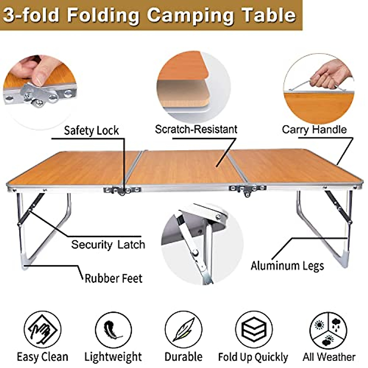 PLANEXPERT Folding Camping Table,3 Feet Portable Outdoor Table with Aluminum Legs,3 Fold Lightweight Beach Table with Handle,Camping Accessories for Home Picnic BBQ Garden Cooking