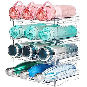 Water Bottle Organizer for Cabinet, Stackable Water Bottle Holder for Kitchen Pantry Organization and Storage, Plastic Wine Rack, Drink Organizer for Fridge, Freezer -4 Packs, Hold 12 Bottles, Clear