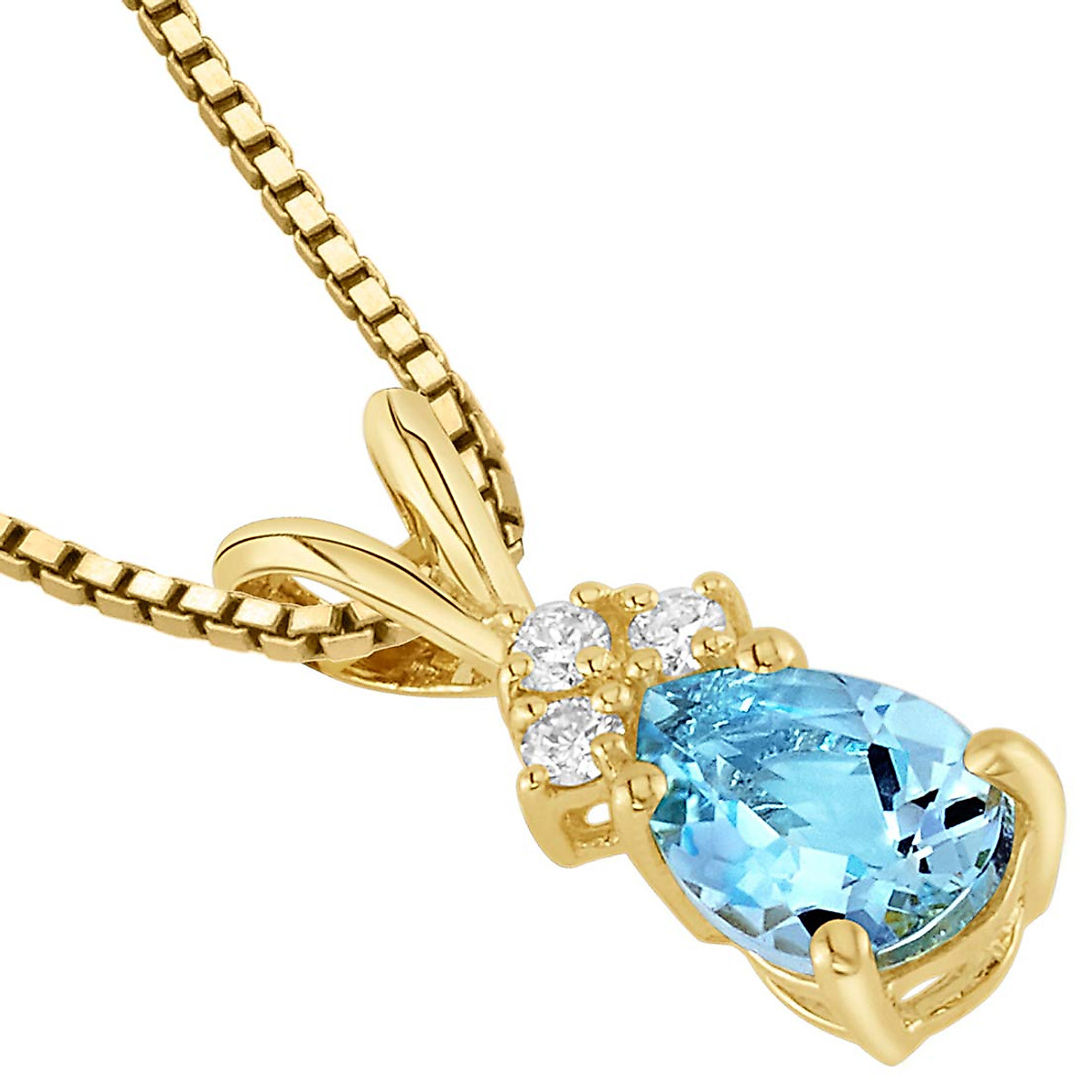 PEORA Solid 14K Yellow Gold Aquamarine with Diamonds Pendant for Women, Genuine Gemstone Birthstone Dainty Teardrop Solitaire, Pear Shape, 7x5mm