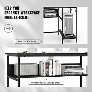 IFANNY 55’’ Computer Desk, PC Gaming Desk with Power Outlet & USB Ports, Large Home Office Desk with Storage Shelves & Steel Frame, Industrial Study Desk for Bedroom (Black)