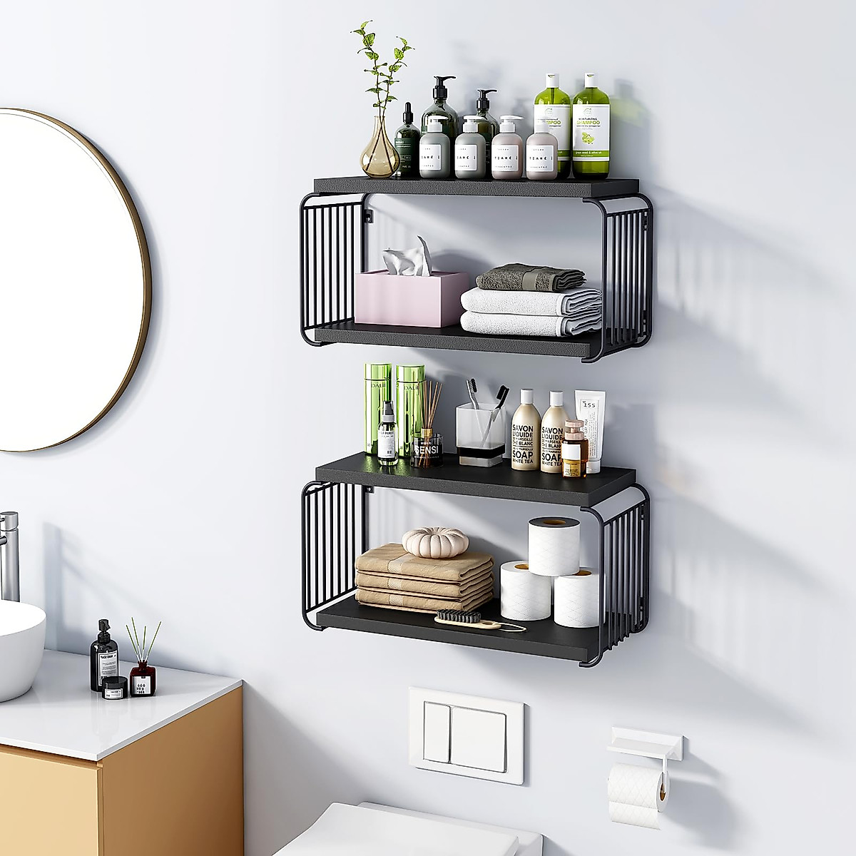 MXCSE Floating Nightstand Shelves – Modern Night Stand for Bedroom, Floating Nightstand, Durable Floating Shelf for Books, Nightstand Bedside Table, Mid Century Wall Shelves Nightstand (2, Black)