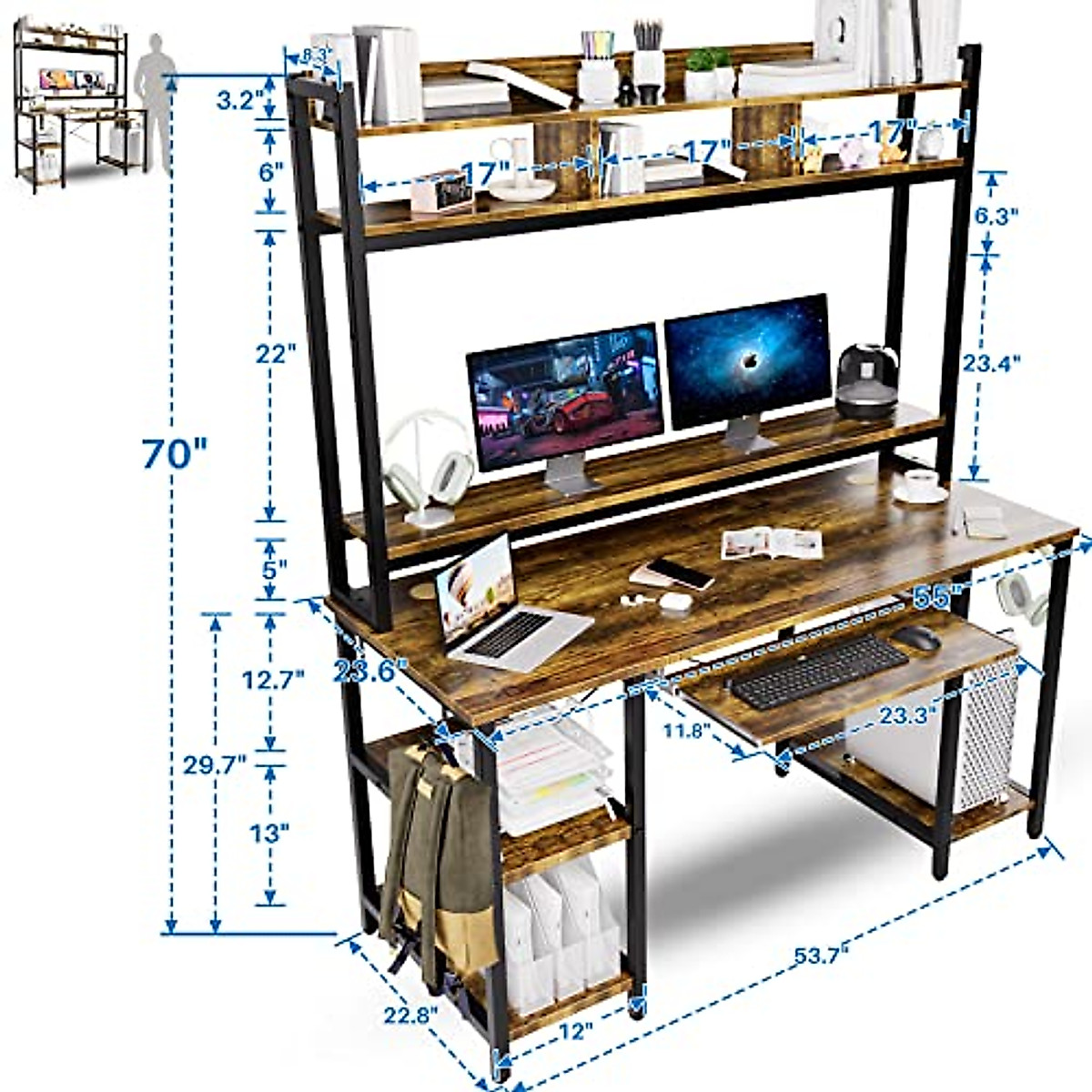 Computer Desk with Hutch Bookshelves, Storage Shelves, Keyboard Tray, Home Office Study Work Desk 53 inch Width, 70 inch High