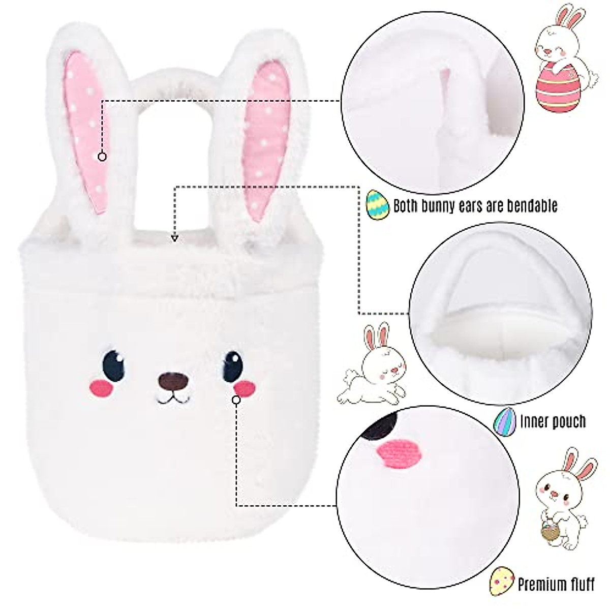 Bunny Easter Basket for Kids, Cute Plush Empty Bucket with Foldable Ears and Handle Egg Hunt Tote Candy Bag Basket for Boy Girl Teens Gift, Easter Basket Decor White 9×9 Inch