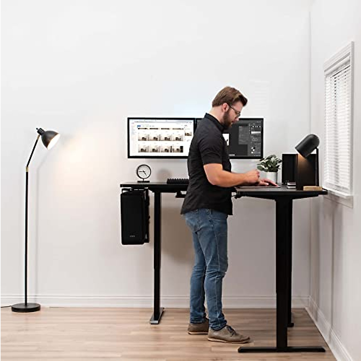 VIVO Electric Multi-Motor Height Adjustable Corner 3 Leg Standing Desk Frame, Frame Only, Sit Stand Ergonomic L Frame with Push Button Controller, Black, DESK-V123EB