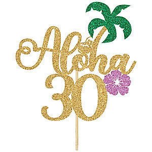 Gold Glitter Aloha 30 Cake Topper, Hello 30/Cheers to 30 Years/Happy 30th Birthday/Anniversay, Tropical Hawaiian Themed 30th Anniversary/Birthday Party Decorations
