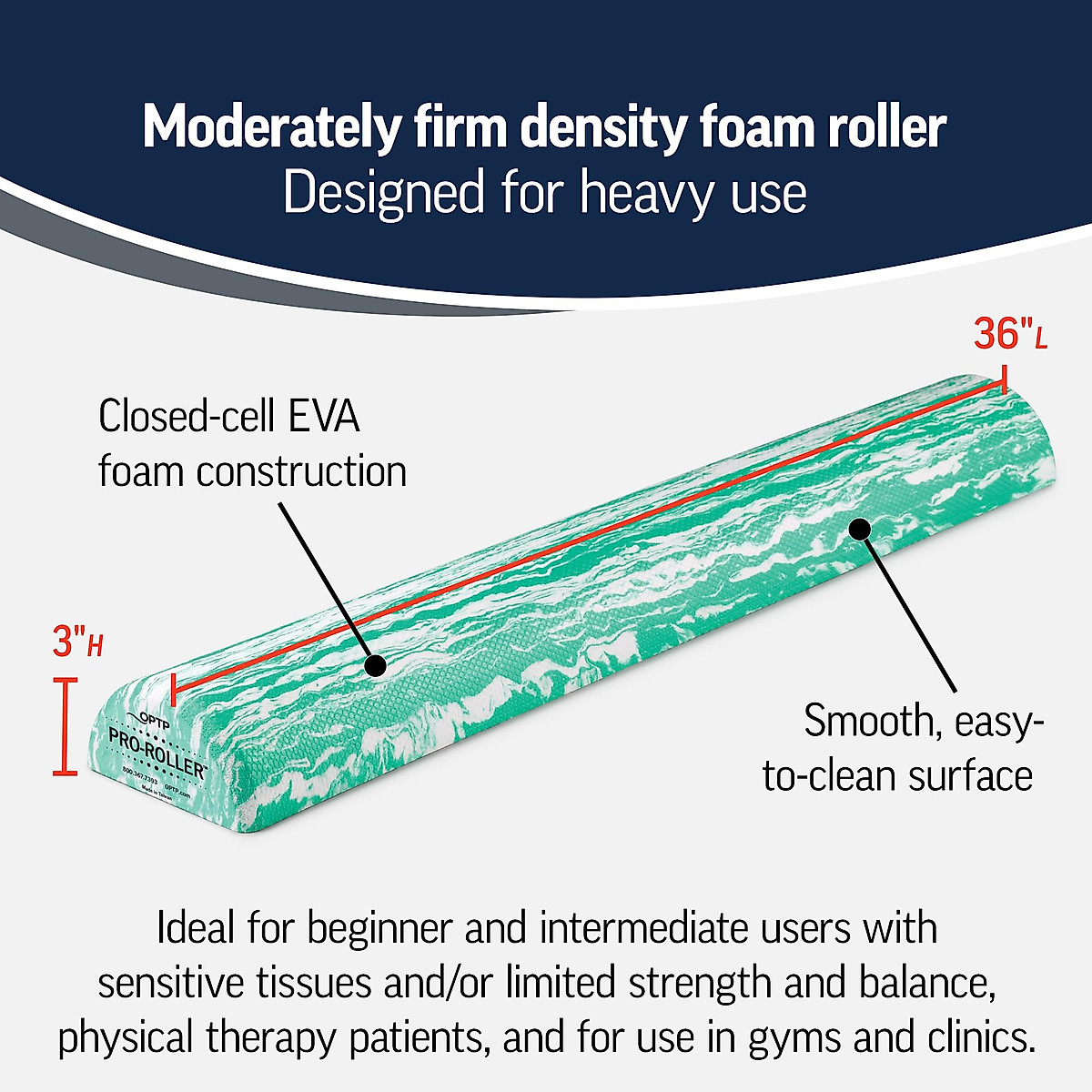 OPTP PRO-Roller Standard Density Foam Roller, Half-Round 36 Inch Foam Roller for Exercise and Physical Therapy, Green 36" x 3"